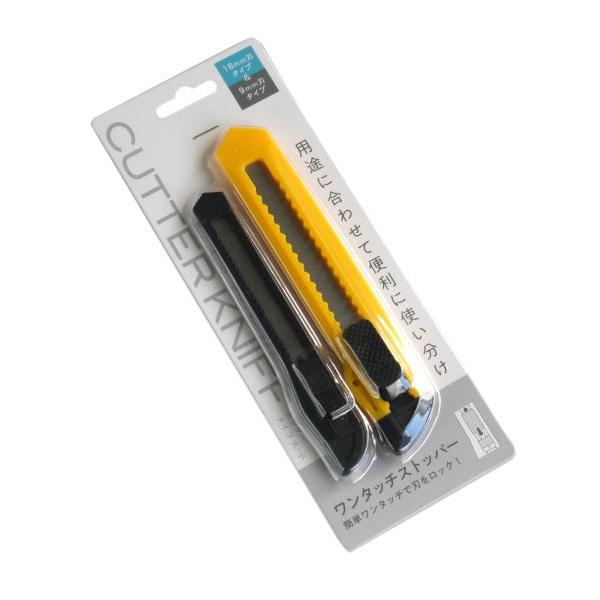 カッターナイフ、2本入りです。18mm刃と9mm刃のカッターナイフのセットです。ストッパー付きで簡単ワンタッチで刃をロックできます。用途に合わせて便利に使い分けられます。※色の指定はできません●サイズ(約)・9mm:20×130mm 18m...