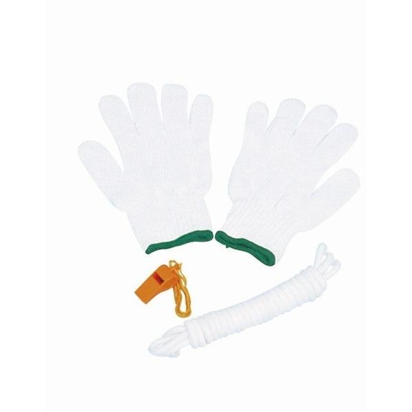 ○軍手・ロープ・笛が入った、３点セットです。軍手は、災害時またはアウトドアの際に。ロープは、荷物を縛ったり、テントを固定する際に。笛は、災害・緊急時やグループ行動での合図に。災害時やアウトドアに役立つアイテムです。万が一に備えて、非常持ち出...