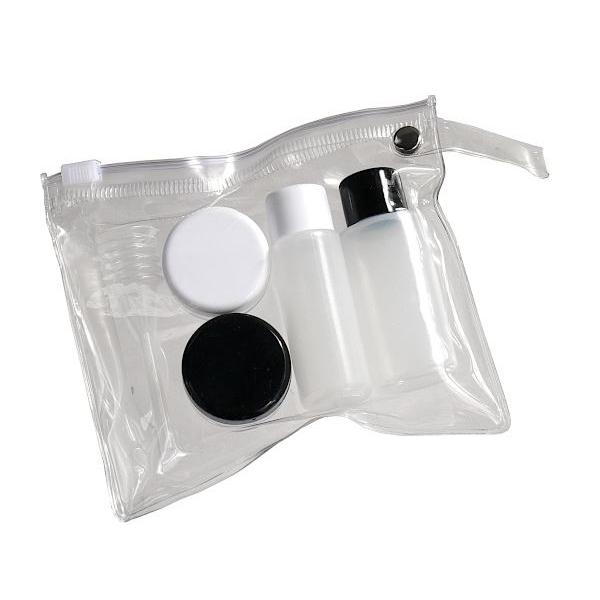 化粧容器セットです。化粧水やクリームなどの詰め替えや小分けできる容器です。【 セット内容 】・化粧水容器 2個・クリーム容器 2個・ヘラ 1個・スポイト 1本ビニールポーチ付きでひとつにまとめられます。外出時や旅行などの携帯に便利です。※石...