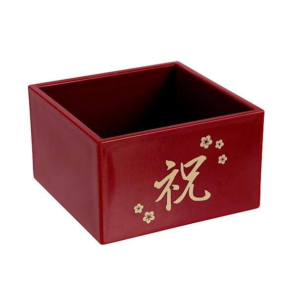一合升です。金の祝の文字がおめでたいマスです。お正月などの乾杯等にお使いください。※煮沸・電子レンジ・オーブン・食洗洗浄機 非対応※塗り斑や塗料が玉になっている場合がございます●サイズ(約)・76×76×高さ47mm●色・朱●耐熱80度/耐...