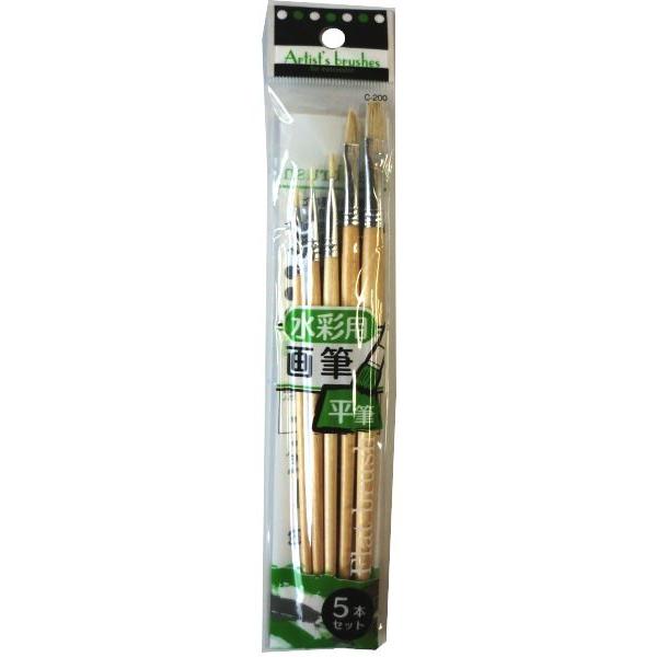 水彩用画筆、5本入りです。面塗りやエッジを生かした線引きに適した平筆です。弾力性に優れた豚毛を使用しております。水性絵具・アクリル絵具・ポスターカラーなどにもお使いいただけます。※天然素材の為、形や色の違い、欠け(傷や窪み)等有り●1本のサ...