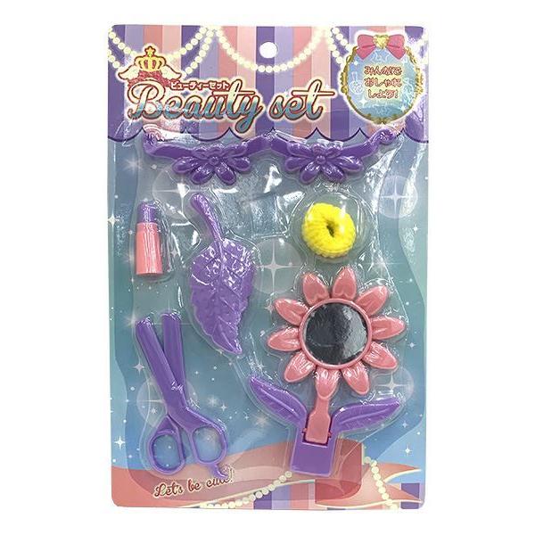 おもちゃのビューティセットです。ヘアメイクに使う道具がセットになりました。フラワーミラーなどのＡセットか、ヘアメイクアイロンなどのＢセットどちらかになります。（種類は選べません）おしゃれ気分を楽しんだり、お人形遊びの世界が広がります。※種類...