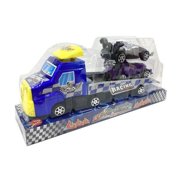 レーシングカーのおもちゃです。トラック1個とレーシングカー2個のセットです。荷台にレーシングカーを取り付け、ボタンを押すとレーシングカーが飛び出ます。走らせたり運んだりして遊べます。※種類の指定はできません●1個のサイズ(約)・トラック:4...