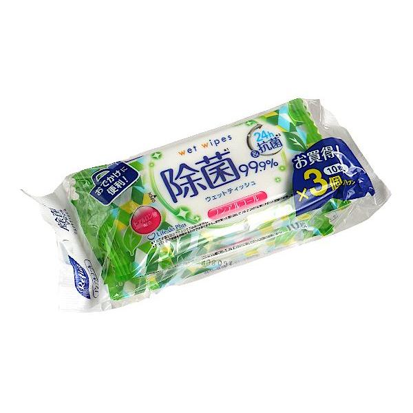 ウェットティッシュ、10枚×3個入りです。99.9%除菌、無香料のノンアルコールタイプです。ヒアルロン酸を配合しており、手肌に優しく上質な肌触りです。1枚ずつ簡単に取り出せ衛生的です。手指・身の周り品の除菌に便利です。※トイレ等には流さない...