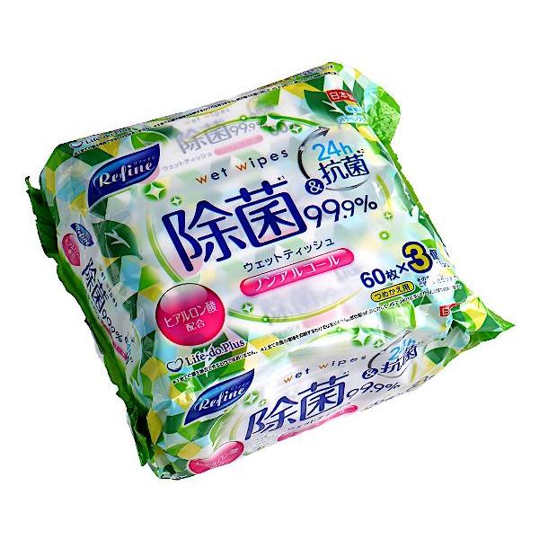 ウェットティッシュ、60枚×3個入りです。99.9%除菌、無香料のノンアルコールタイプです。ヒアルロン酸を配合しており、手肌に優しく上質な肌触りです。1枚ずつ簡単に取り出せ衛生的です。手指・キッチン周りの汚れ落としや、身の周り品の除菌に便利...