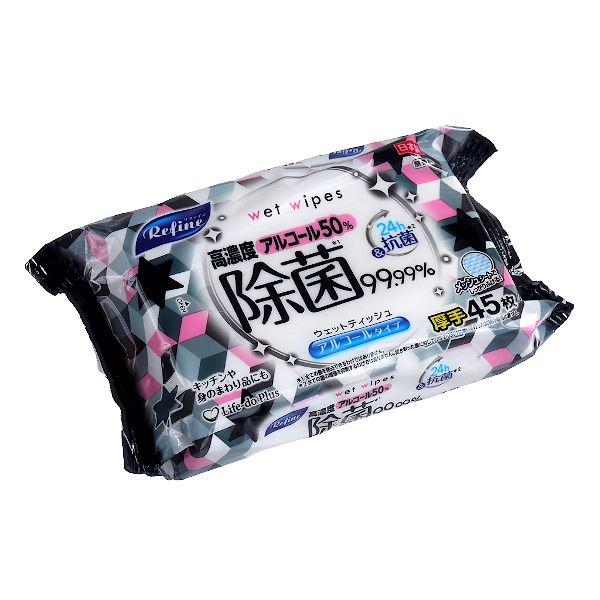 ウェットティッシュ、45枚入りです。アルコールを高濃度配合した除菌ウェットティッシュです。速乾性が高く拭き跡が残りにくいです。※トイレには流さないでください●1枚のサイズ(約)・180×125mm●材質・ポリエステル レーヨン●液性・エタノ...