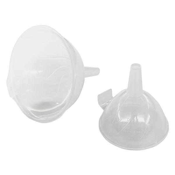 ロートです。用途に合わせて使える大小の2サイズのセットです。大きい方はシャンプーや洗剤の詰め替えに使えます。小さい方は醤油や液体調味料の補充に適しております。クリアタイプでこぼさずに注げて便利です。※高温になった油や薬品類には使用しないでく...