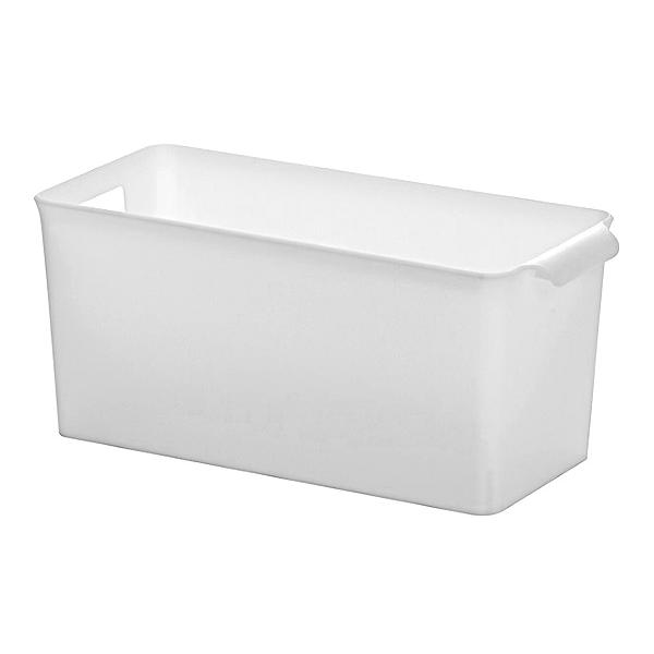 バスケットです。省スペースで使えるスリムタイプのバスケットです。持ち手穴と引手の2種の持ち手付きです。日用品や食品のストック収納などにオススメです。●外寸(約)・128×283×高さ125mm●内寸(約)・107×246×深さ122mm●色...