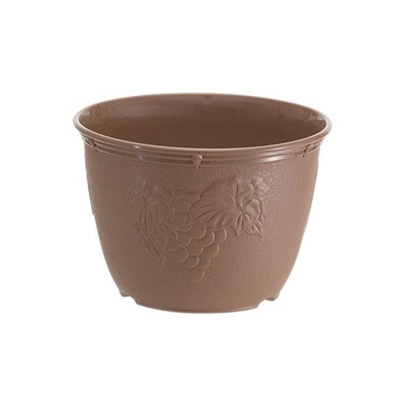 植木鉢です。陶器風の立体的なデザインが施されたポリプロピレン製の植木鉢です。鉢底メッシュ構造で、通気性と排水性に優れております。観葉植物やお花の寄せ植えにお使いください。●サイズ(約)・直径210×高さ145mm●色・チョコブラウン●原料樹...