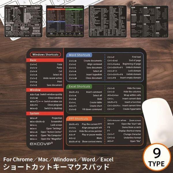 ショートカットキー早見表一体型の便利アイテム♪Chrome／Mac／Windows／Word／Excel／Photoshop等対応のマウスパッドです。【サイズについて】画像をご参照ください。【素材について】ラバー他【カラーについて】生産ロッ...