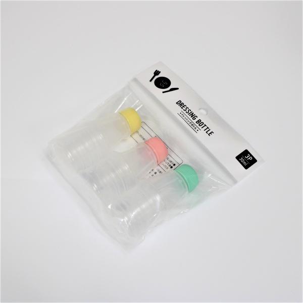 ドレッシングボトル 30ml 3個入り 本体透明 カラーキャップ 3色 K-1791●材質：ポリエチレン●容量：30ml●ケース入数（個）：3ドレッシングや調味料などを入れる少量容器です。キャップの色が違うので、複数の調味料の区別ができます...