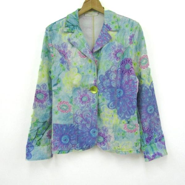 ■商品情報[管理番号]rs42329[対象]レディース[カラー]グリーン×紫×イエロー[素材]素材タグを撮影しておりますので、ご確認くださいませ。[表記サイズ]L[サイズ]肩幅：約42cm着丈：約60cm身幅：約44cm袖丈：約60cm[付...