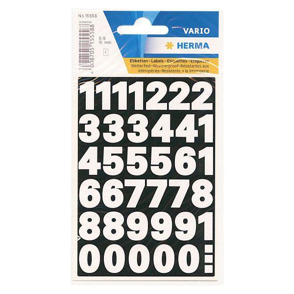 防水仕様のシールです。屋外での使用にも便利です。白文字、0-9、縦幅約15mm。※シールは、数字の形に切り抜かれています文字サイズ：1：横約7mm、2：横約11mm、3：横約11mmなど: 300000002939: