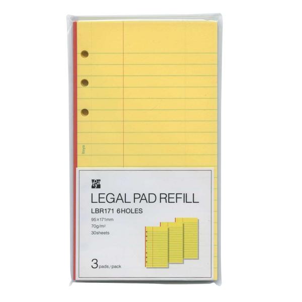 リーガルパッドシリーズのシステム手帳リフィル。リーガルパッドと同様に黄色い紙に青い罫線と赤いマージン罫が印刷され、6穴のリング穴が空いています。リーガルパッドリフィルは左右のページが接着された状態でリング綴じ出来ますので、用紙がガタつきにく...
