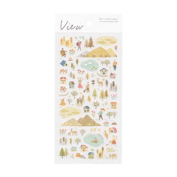 早朝から日が暮れるまで、1日の景色を描いたイラストシールです。こちらは午前12時！時間によって色が変わる、海や山などの自然と、人々の姿が描かれた、小ささピースのステッカーです。: 600000022857: 200000003846: