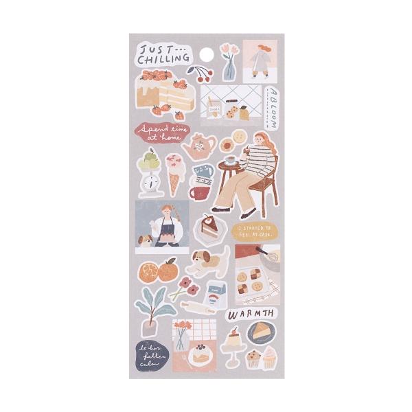 少しくずしたタッチのイラストが印象的なシールです。チルタイム、ゆっくりリラックスした時間をテーマにしました。色合いをあえて揃えすぎ図、ところどころにアクセントとして差し色を配置することで華やかな雰囲気に仕上がったオシャレ度抜群のシールに仕上...