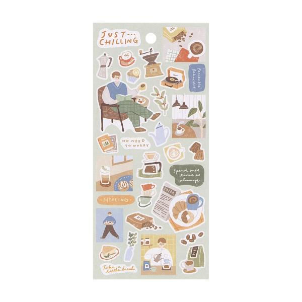 少しくずしたタッチのイラストが印象的なシールです。チルタイム、ゆっくりリラックスした時間をテーマにしました。色合いをあえて揃えすぎ図、ところどころにアクセントとして差し色を配置することで華やかな雰囲気に仕上がったオシャレ度抜群のシールに仕上...