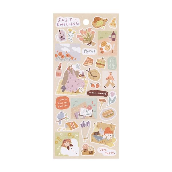 少しくずしたタッチのイラストが印象的なシールです。チルタイム、ゆっくりリラックスした時間をテーマにしました。色合いをあえて揃えすぎ図、ところどころにアクセントとして差し色を配置することで華やかな雰囲気に仕上がったオシャレ度抜群のシールに仕上...