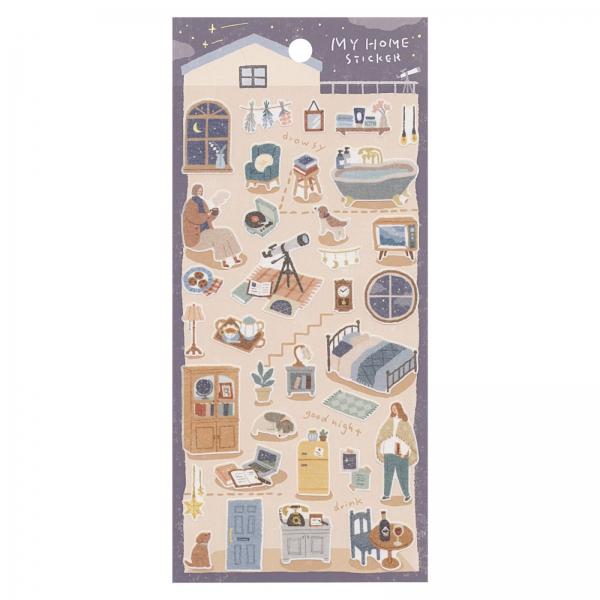 家の中で過ごす時間をイラストにしたシールです。台紙では、空の色合いによって時間帯や天候の違いを表現しています。: 600000024484: 200000004604: