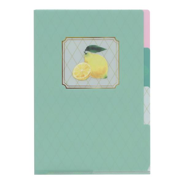 みずみずしいフルーツのイラストにカラフルなバイカラーを組み合わせたステーショナリーシリーズ「colorfruits」のクリアファイルです。3ポケットタイプのA5サイズクリアファイル。表の金箔押しと、入れる場所によって透明感や柄を楽しめる仕掛...