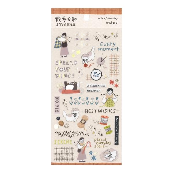 ペンで描いたようなはっきりとした線画のイラストシールです。女の子がいろいろなお店へ散歩しています。透明PET素材なので、それぞれを重ねて貼ることもできます。: 600000025339: 200000004994: