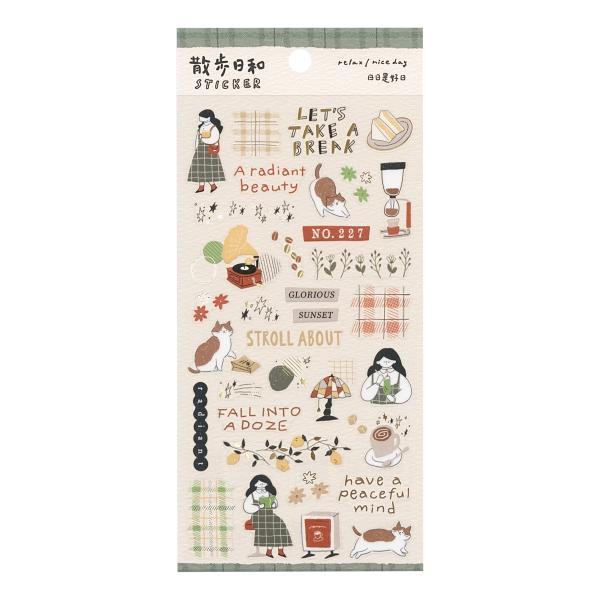 ペンで描いたようなはっきりとした線画のイラストシールです。女の子がいろいろなお店へ散歩しています。透明PET素材なので、それぞれを重ねて貼ることもできます。: 600000025339: 200000004994: