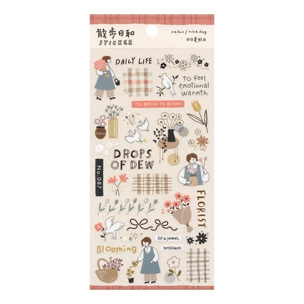 ペンで描いたようなはっきりとした線画のイラストシールです。女の子がいろいろなお店へ散歩しています。透明PET素材なので、それぞれを重ねて貼ることもできます。: 600000025339: 200000004994: