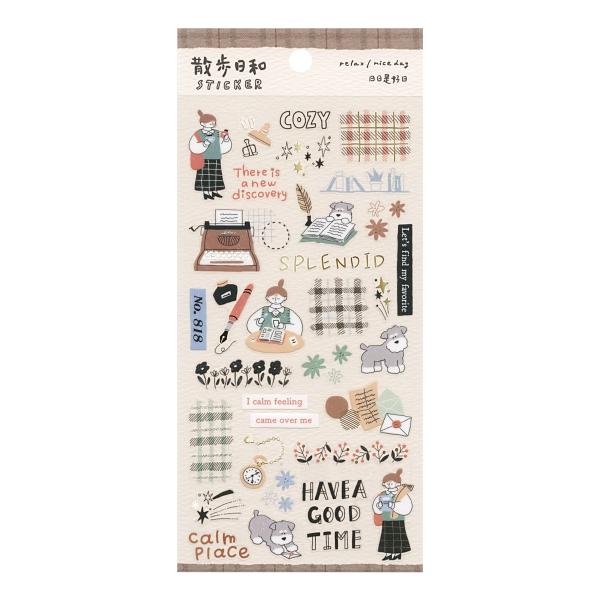 ペンで描いたようなはっきりとした線画のイラストシールです。女の子がいろいろなお店へ散歩しています。透明PET素材なので、それぞれを重ねて貼ることもできます。: 600000025339: 200000004994: