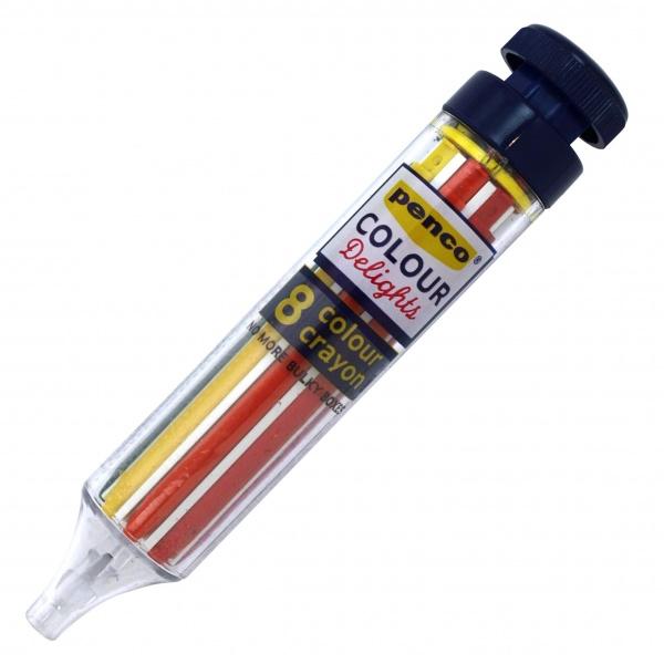 8色の芯が1本のペンに収納された、ペンコの8カラークレヨンです。見た目もかわいく書き味も滑らか。ヘッド部をくるくるとまわして、色を変え使用します。収納色：黒、赤、ピンク、紫、黄色、オレンジ、緑、青※一部画像に他のカラーの商品を使用しておりま...