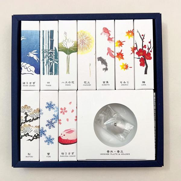 京都香彩堂HANGAシリーズ10種類各20本詰合、香皿入り商品サイズ 185*180*26ｍｍ 燃焼時間 約15分色々な香りを少しずつ楽しみたい方やギフトにも波うさぎ:海をイメージした爽やかな香り。竹:青竹をイメージした清涼感のある香り。ハ...