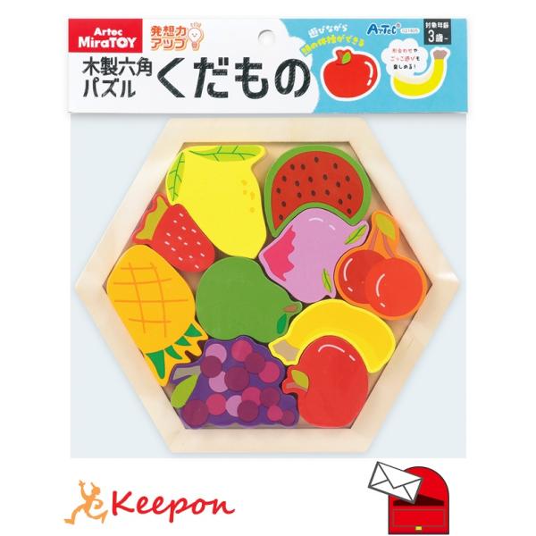 Artec MiraTOYシリーズの 六角パズル くだものです。10種類の果物をモチーフにした、あたたかみのあるカラフルな木製パズルです。形合わせやごっこ遊びを通して、子どもたちが楽しみながら頭を使うことができます。●身につく能力：ピースを...
