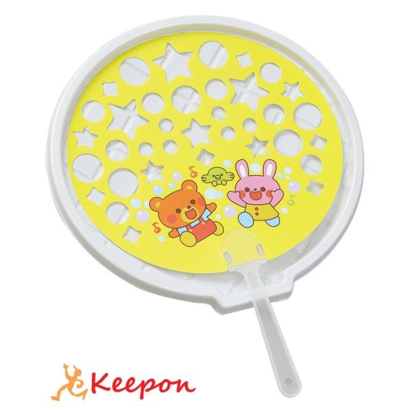 パタパタあおいでたくさんシャボン玉をつくろう！サイズ/うちわ：185×255mm、受け皿：φ200×10mm材質/PP、PET●シャボン液（60ml）