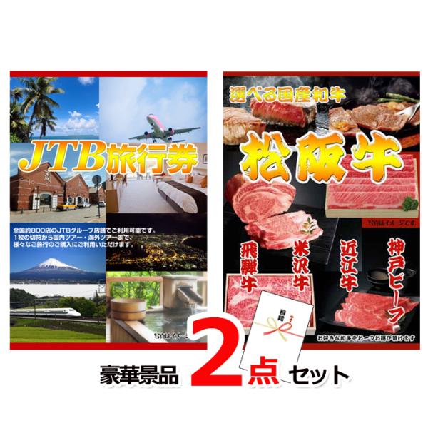 忘年会　イベント　景品におススメ！ＪＴＢ旅行券１万円分＆選べる国産和牛豪華2点セット景品パネル&amp;目録でお届けします。