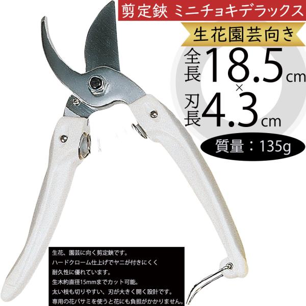 ハサミ 鋏 はさみ ミニチョキデラックス 剪定鋏 資材 道具生花、園芸に向く剪定鋏です。ハードクローム仕上げでヤニが付きにくく耐久性に優れています。生木約直径15mmまでカット可能。太い枝も切りやすい、刃が大きく開く設計です。専用の花バサミ...