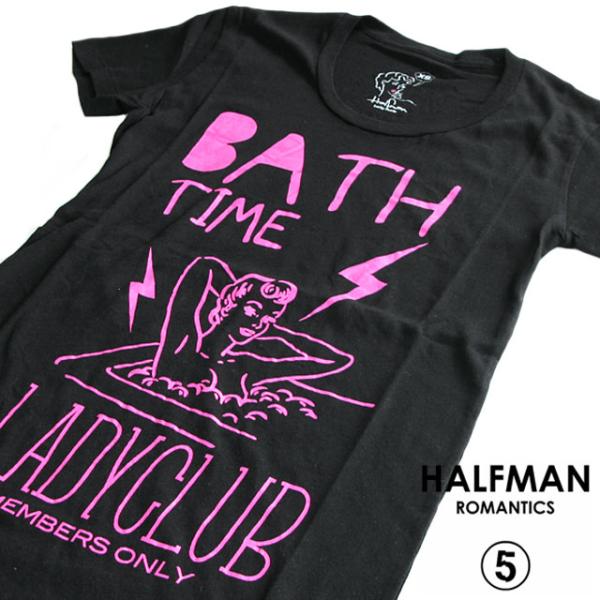 【クリックポスト発送】HALFMAN ハーフマンBATH TIMEレディース Tシャツインパクト勝負のピンクプリントです。ベタプリントはほとんど無く、細いラインプリントが上品に見せます。綿100のタイプです。他のハーフマンのアイテムに比べて...