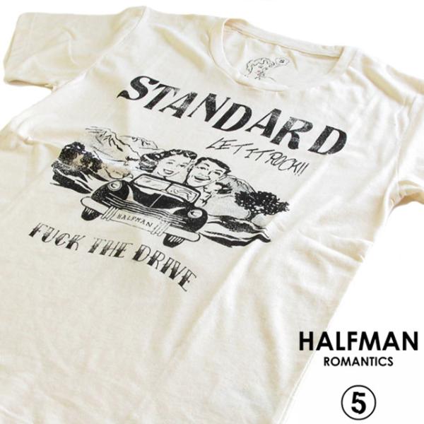 【クリックポスト発送】HALFMAN ハーフマンTHE DRIVEメンズ Tシャツレトロタッチでアメリカンテイストなデザインです。綿とポリエステルの混合ボディーになっています。やわらかく伸縮性のある着心地です。フィット感もバッチリ。「オフホ...
