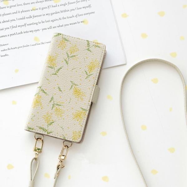 商品名：全機種対応 スマホケース 縦向き 手帳型 長さ調整可能ストラップ付き 【 Simple グレージュ デザイン - ミモザ - 】 縦型 スマホショルダー くすみカラー 斜めがけ スマホストラップ 全機種対応スマホケース手帳型 アンド...