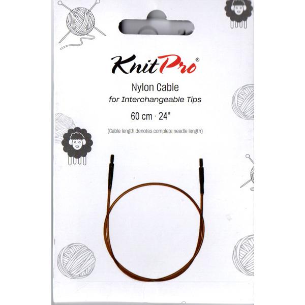 ブラウンのナイロンケーブルニットプロの付け替え式の輪針専用のケーブル部分です長さ60cm用（針先から針先の長さ）ケーブルの長さは35cmです※回転しませんケーブル1本、とケーブルキャップ2個、ケーブルキーが1つついています※ニットプロのケー...