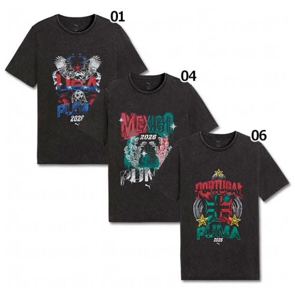 プーマ、大人/メンズ用Tシャツ。アメリカ・メキシコ・ポルトガルをイメージしたグラフィックが印象的なショートスリーブシャツ。リラックスフィットシルエット。◆取り扱い店舗限定アイテム素材：本体/天竺　衿/リブ品質：本体/コットン100％　衿/コ...