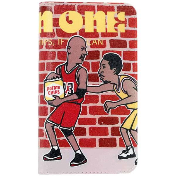 バスケットボールジャンキー、スマートフォンケース、手帳型タイプ。イラストレータ・JERRY氏とのコラボモデル。「One on One?」デザインプリント入り。◆様々なモデルに対応した貼り付けタイプサイズ：M(7.7×14cmまで)、L(8....