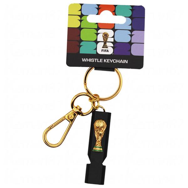 FIFAワールドカップ2026、キーホルダー。「FIFA WORLD CUP 2026」オフィシャルライセンスアイテム。トロフィー型ホイッスルチャーム付きキーリング。サイズ：F(フリー)モデル：2026年春夏