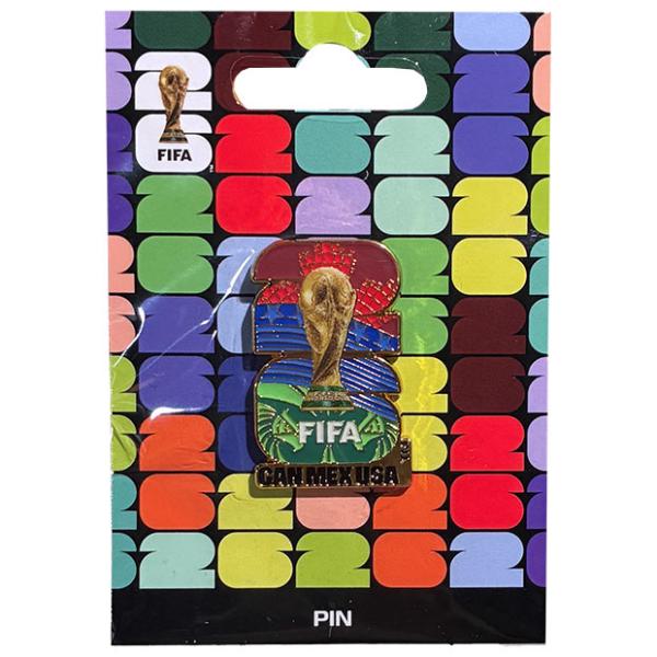 FIFAワールドカップ2026、ピンバッジ。「FIFA WORLD CUP 2026」オフィシャルライセンスアイテム。ホストカントリーカラーの大会公式エンブレムデザインのピンズ。サイズ：F(フリー)モデル：2026年春夏