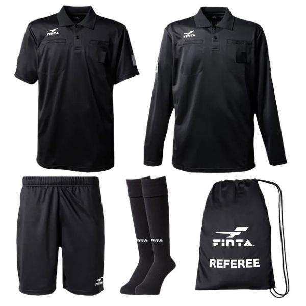 ブラジル発のブランド・フィンタ、レフリーセット。レフェリー初心者から経験者まで幅広く対応した、半袖シャツ・長袖シャツ・パンツ・ストッキングのセット。収納袋付き。モデル：2022年春夏