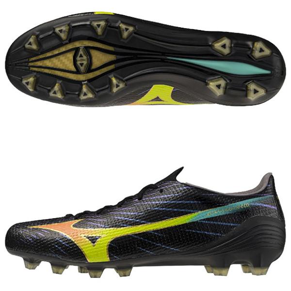 ミズノ、大人/メンズ用サッカースパイク「MIZUNO α 3」。ブライトブラックパック(BRIGHT BLACK PACK)。ニットが生む極上のフィット感が爆発的なスピードを引き出す「MIZUNO α」第3世代、トップモデル。軽くて柔らかい...