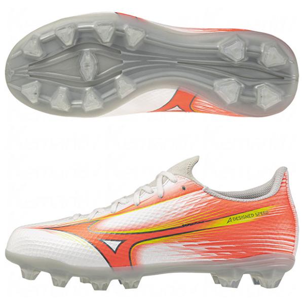 ミズノ、子供/ジュニア/キッズ用サッカースパイク「MIZUNO α 3」。プリズムホワイトパック(PRISM WHITE PACK)。ニットが生む極上のフィット感が爆発的なスピードを引き出す「MIZUNO α」第3世代、エントリーモデル。リ...