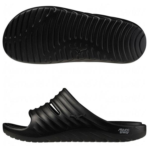 ミズノ、大人/メンズ用サンダル。柔らかさと反発性に優れたミズノエナジー搭載サンダル。子供/ジュニア対応。アッパー：合成樹脂アウトソール：合成底足幅：2E相当質量：約200g(27.0cm片足)カラー：ブラック発売：2026年2月(NEWモデル)