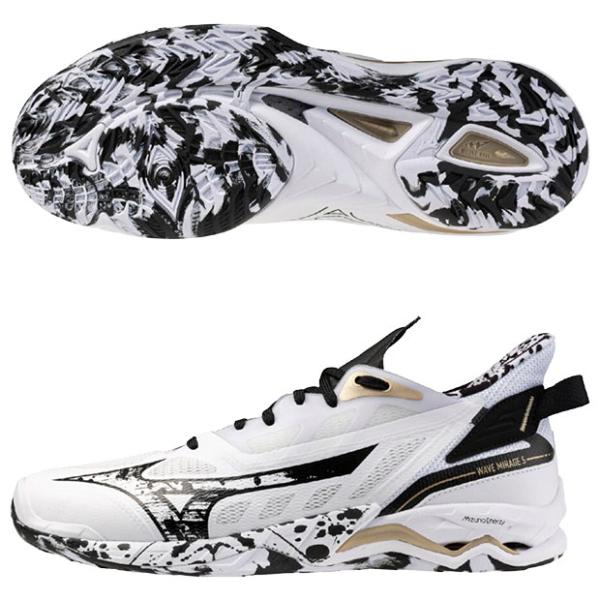 ミズノ、大人/メンズ用ハンドボールシューズ「WAVE MIRAGE 5」。スピードソール設計が速さを求めるプレーヤーのパフォーマンスを最大限に引き出す、ミラージュシリーズのハンドボールシューズ。アッパー：合成繊維、人工皮革ソール：合成底対応...