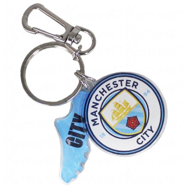 イングランド・プレミアリーグの名門、マンチェスターシティ、アクリルキーホルダー。定番のサポーターズアイテム。シューズ &amp; クラブエンブレムデザイン。素材：アクリル、金属モデル：2024年春夏