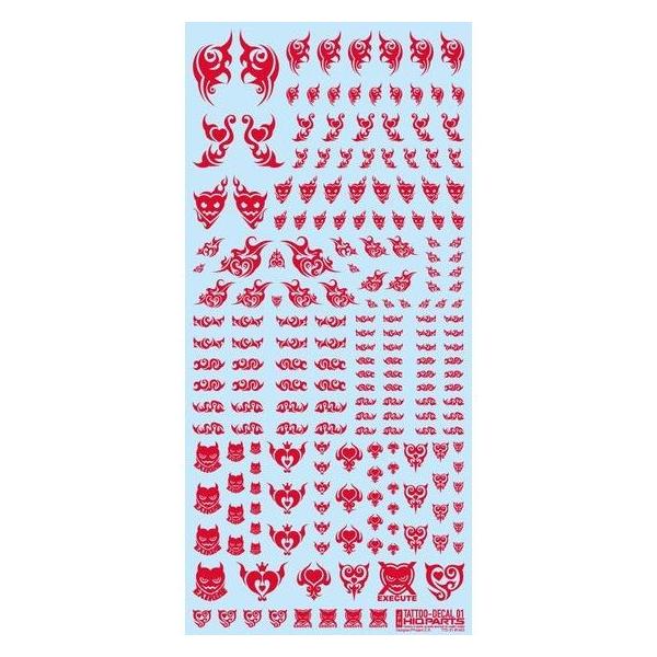 ハイキューパーツ「タトゥーデカール01 ハート/レッド 1枚入」のプラモデル用デカールです。1/12フィギュアのカスタムアップ用タトゥーデカール。タトゥーデザインはストリート系デザインを得意とするアートユニット「Project.C.K.」が担当。