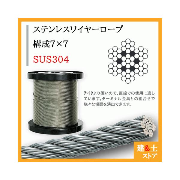 ■特長　●SUS304ステンレス製ワイヤーロープです。　●耐食性、耐錆性、耐熱性、耐摩擦性に非常に優れます。　●海水中で使用する場合は耐錆性の効果が鉄製に比べ優れています。　●ワイヤの素線構造：7×7です。　●園芸・工作・様々な用途で使用で...